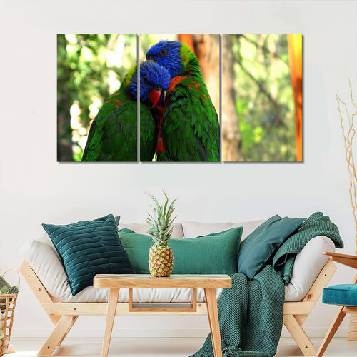 Модульная картина/Модульная картина на холсте/Модульная картина в подарок/Two green parrots - Два зелёных попугая 90х50