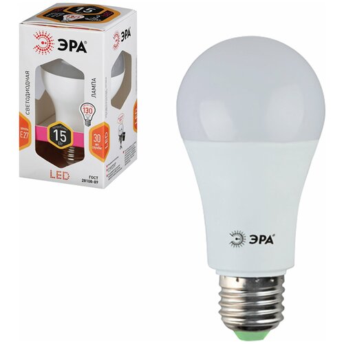 Лампа светодиодная ЭРА, 15 (130) Вт, цоколь E27, груша, теплый белый свет, 25000 ч, LED smdA60-15w-827-E27, Б0020592