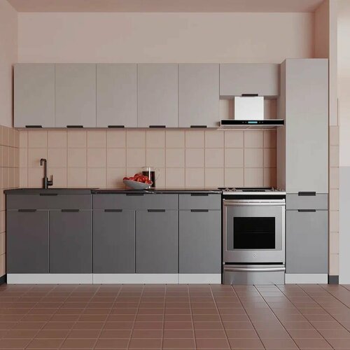 Прямой кухонный гарнитур Фаворит 3.0 м, Серый камень/Антрацит( тёмно-серый).