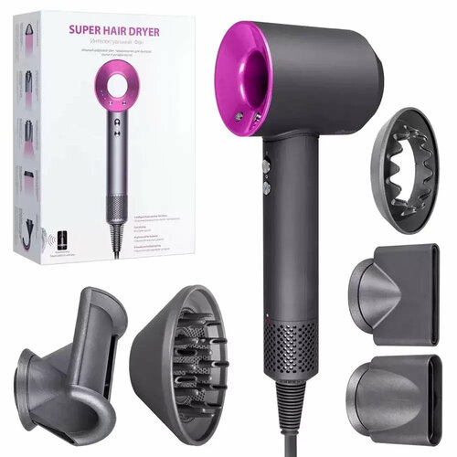 Фен для волос Super hair Dryer профессиональный с насадками и диффузором, 5 насадок, розовый