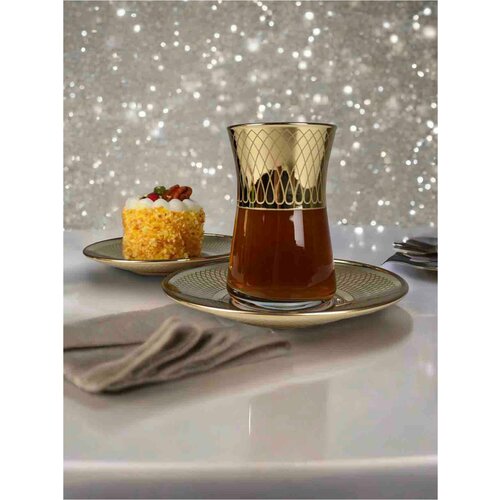 Подарочный набор турецких стаканов с блюдцами для чая / кофе, Армуды с алмазной гравировкой PROMSIZ грейс / 12 шт.