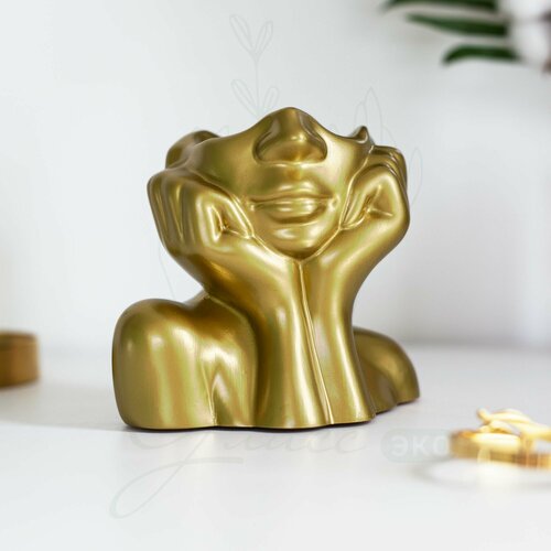 Кашпо из гипса "Лицо девушки", золотистая эмаль, 12 см / кашпо с губами / ваза с руками