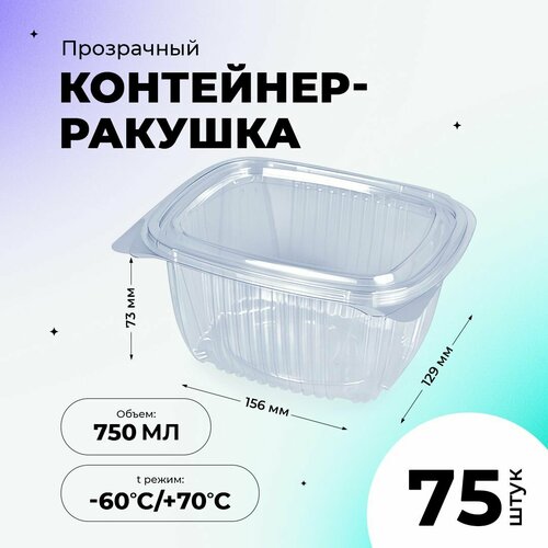 Контейнер-ракушка 156х129х73мм 750мл ПЭТ прямоугольный прозрачный с крышкой, 75 штук