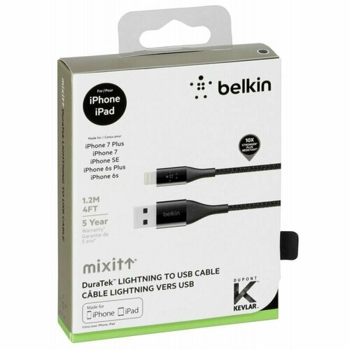 Кабель Belkin Mixit DuraTek Kevlar USB 8 pin Lightning для Apple iPhone 5 5S SE 6 6 Plus 6S 7 8 X (10) Xr Xs Max / 11 11 Pro 12 Mini 13 Pro Max SE 2022/14/iPad/iPod/AirPods 1.2 м Нейлон Черный (Black)