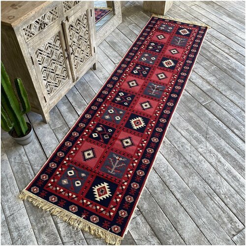 Ковровая дорожка турецкая, килим, Raty Red, 80x300 см, двусторонняя