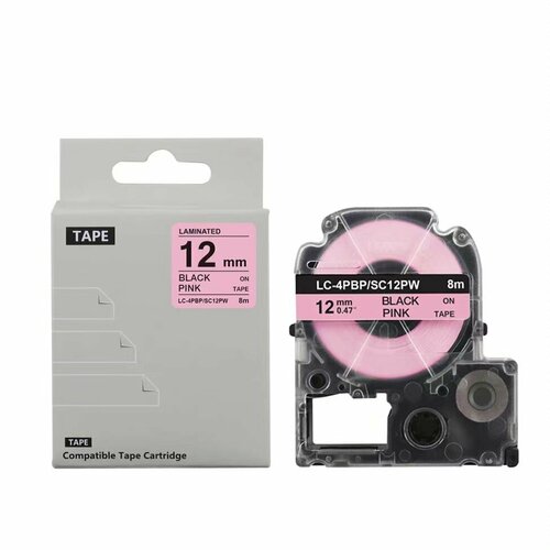 Картридж BYZ LC-4PBP / SC12PW с термолентой для принтеров Epson, 12 мм, 8 м, черный на розовом