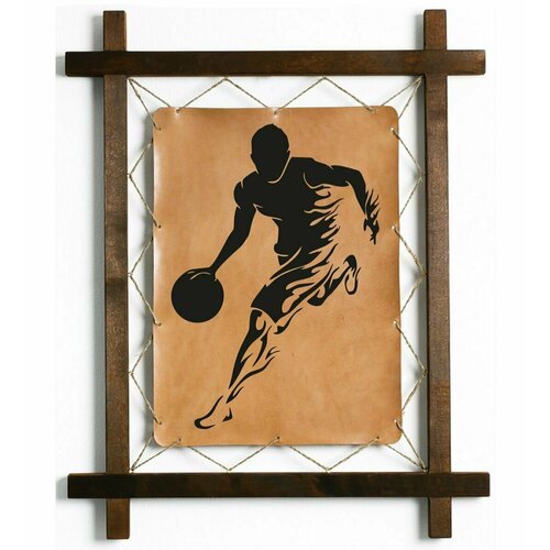 Картина Баскетбол, интерьерная для украшения и декора на стену в деревянной раме, подарок, натуральная кожа, BoomGift
