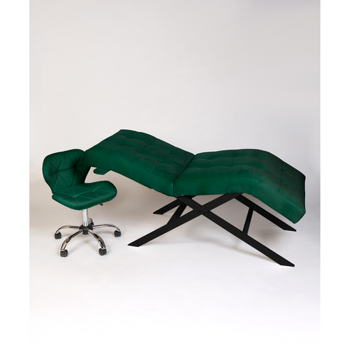 Комплект кушетка для наращивания ресниц, косметологическая Квадрат лофт, ноги черный металл и стул Ракушка, темно- зеленый