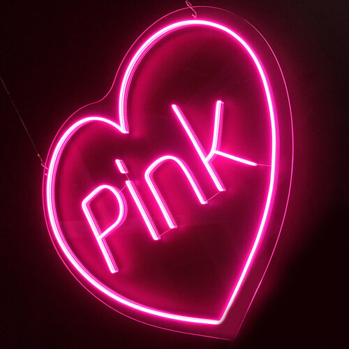 Неоновая вывеска в виде сердца с надписью "Pink", 60 x 53 см.