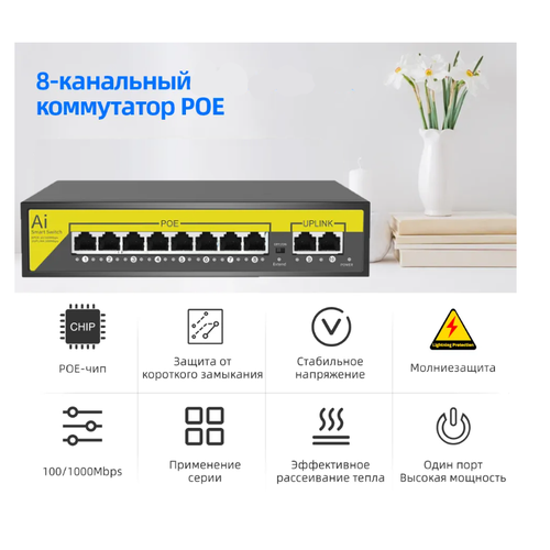 Коммутатор SW-POE-8 портов для системы видеонаблюдения, совместим с камерами 8MP 5MP 4MP 3MP 2MP