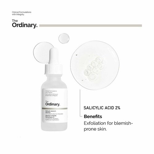 Сыворотка с 2% раствором салициловой кислоты на водной основе The Ordinary Salicylic Acid 2% Solution, 30 мл для общего лечения жирной и проблемной кожи, а также в качестве точечного лечения прыщей.