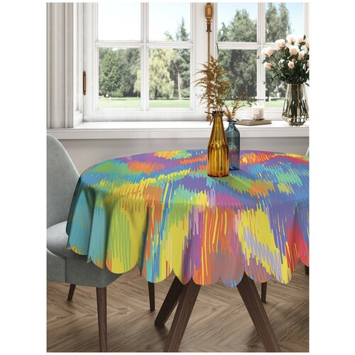 Круглая скатерть на кухонный и праздничный стол JoyArty "Яркие пятна краски" из сатена, диаметр 150 см
