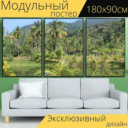 Модульный постер "Тропический лес, пальмы, река" 180 x 90 см. для интерьера