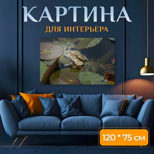 Картина на холсте "Лилии, ящерица, вода" на подрамнике 120х75 см. для интерьера