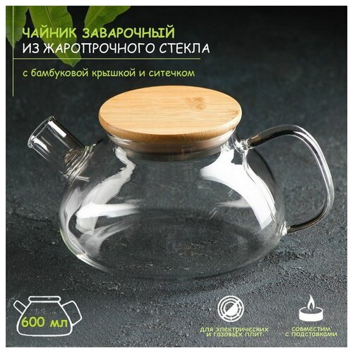 Чайник стеклянный заварочный с бамбуковой крышкой и металлическим фильтром "Эко", 600 мл