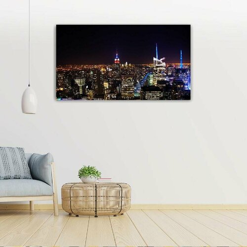 Картина на холсте 60x110 LinxOne "New york, nyc, night" интерьерная для дома / на стену / на кухню / с подрамником