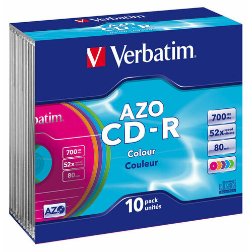 Verbatim AZO CD-R COLOUR, Slim Case, 700Mb, 80 минут, 52Х, 10 штук