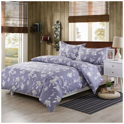 2 спальное постельное белье из поплина серо фиолетовое с цветами