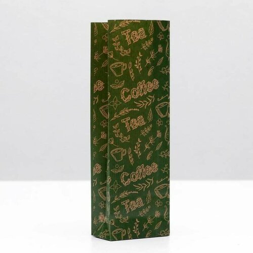 Пакет бумажный фасовочный - Coffe and tea, крафт, зелёный, 7 х 4 х 21 см, 20 шт.