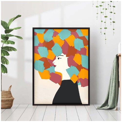 Постер "Девушка с цветными волосами мазки" 40 на 50 в черной раме / Картина для интерьера / Плакат / Постер на стену / Интерьерные картины