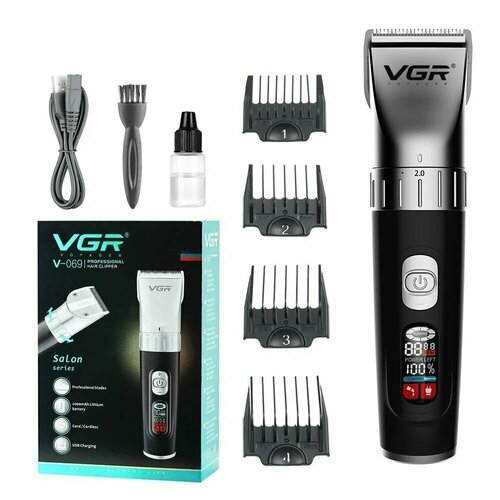 Машинка для стрижки волос профессиональная VGR V0069/ Водонепроницаемая, беспроводная машинка для стрижки бороды лица и усов