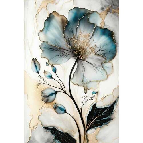 Интерьерная картина на холсте "Флюид голубой цветок с золотом" 60х80 см