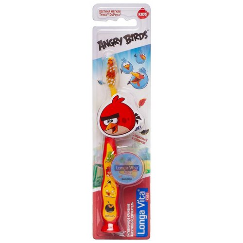Зубная щетка Longa Vita Angry Birds детская с защитным колпачком, присоской от 5-и лет красная