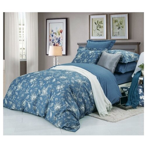 Комплект постельного белья СайлиД B-180, 2-спальное с европростыней, хлопок, синий