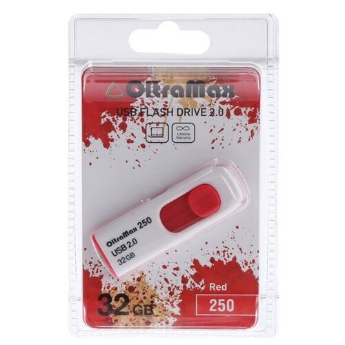 Флешка OltraMax 250, 32 Гб, USB2.0, чт до 15 Мб/с, зап до 8 Мб/с, красная