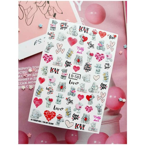 MIW Nails "Слайдеры для ногтей" водные наклейки для дизайна #B-58 цветной любовь, мишка