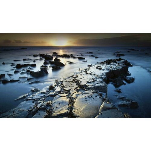 Картина на холсте 60x110 Альянс Лес "Закат море камни горизонт солнце" на подрамнике / интерьер/ декор