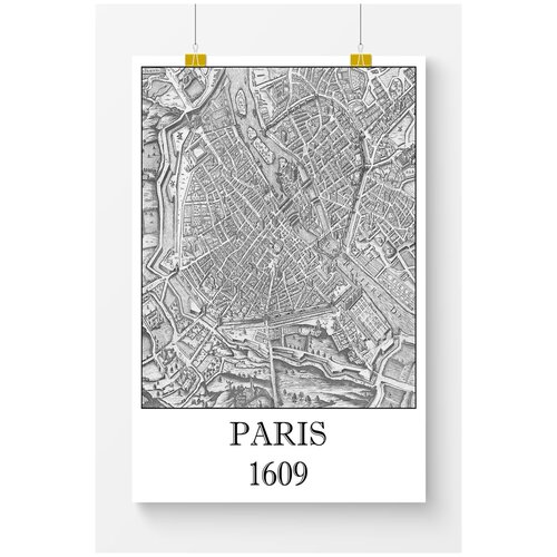Постер на стену для интерьера Postermarkt Старая карта Парижа 1609 год, размер 70х100 см, постеры картины для интерьера в тубусе