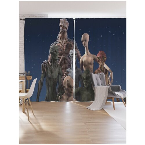 Шторы под лён JoyArty "Инопланетная семья", серия Oxford DeLux, 340х265 см