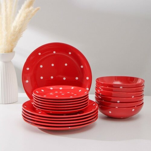 Доляна Набор тарелок керамических Доляна «Красный горох», 18 предметов: 6 тарелок d=19 см, 6 тарелок d=27 см, 6 мисок d=19 см, цвет красный