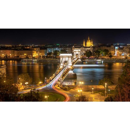 Картина на холсте 110x60 LinxOne "Будапешт ночь венгрия панорама" интерьерная для дома / на стену / на кухню / с подрамником