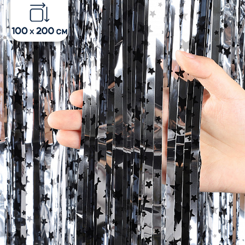Дождик занавес фольгированный Черные звезды, серебристый, 100х200 см