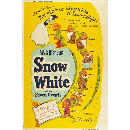 Плакат, постер на бумаге Белоснежка и семь гномов (Snow White and the Seven Dwarfs, 1937г). Размер 42 на 60 см