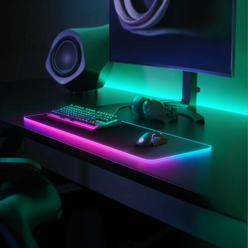 Большой коврик для мыши игровой 800x300 с RGB Led-подсветкой, с сшитыми краями и не скользкой резиновой основой для клавиатуры компьютерный С подсветкой