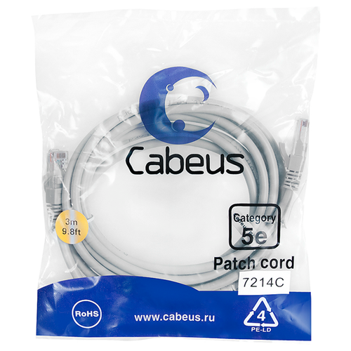 Cabeus PC-UTP-RJ45-Cat.5e-3m Патч-корд U/UTP, категория 5е, 2xRJ45/8p8c, неэкранированный, серый, PVC, 3м (PC-UTP-RJ45-Cat.5e-3m)