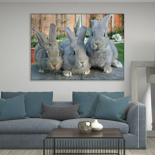 Картина на холсте (Три серых кролика, животные) 30 40 см/для интерьера/в комнату/на стену/в подарок