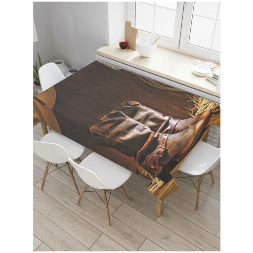 Скатерть прямоугольная JoyArty на кухонный стол "Сапоги и фонарь ковбоя" из оксфорда, 120x145 см