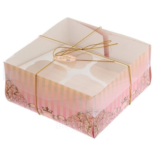 Упаковка для капкейков 4 ячейки с окошком розовая Для тебя