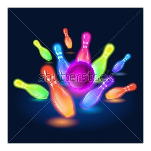 Постер на холсте Разноцветная иллюстрация с шаром для боулинга и неоновыми светящимися кеглями 30см. x 30см.