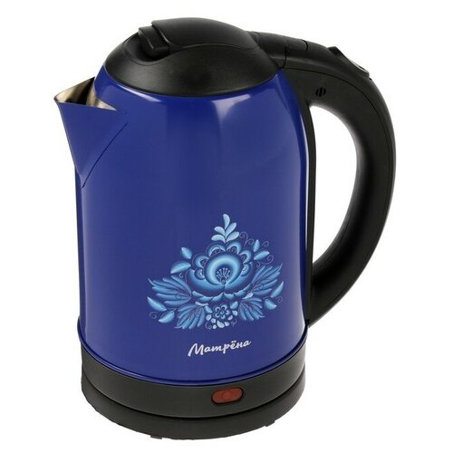 Чайник электрический "Матрёна" MA-005, металл, 2 л, 1500 Вт, сине-чёрный с рисунком "Гжель"