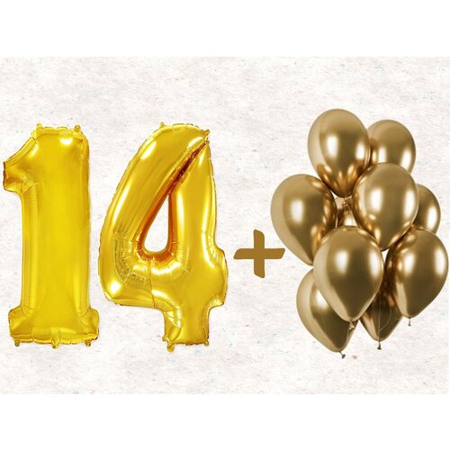 Набор воздушных шариков цифра " 14 " размер 102 см и 10 хромированных шаров 30 см, золотой