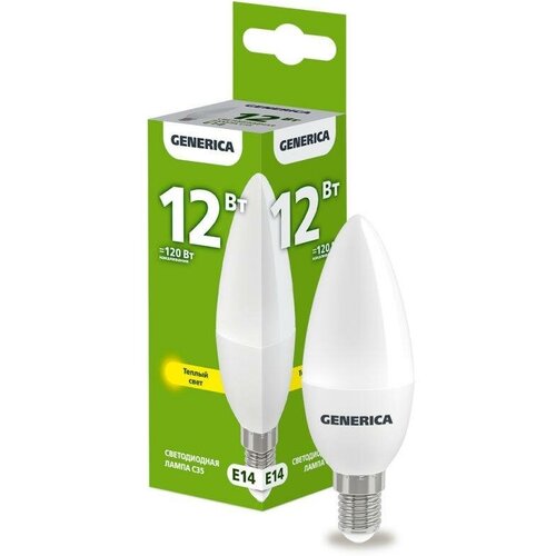 Лампа светодиодная C35 12Вт свеча 3000К E14 230В | код. LL-C35-12-230-30-E14-G | GENERICA (2шт. в упак.)