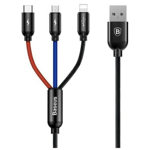 Кабель Baseus Three Primary Colors Series 3 в 1 USB - microUSB/USB Type-C/Lightning (CAMLT), 1.2 м, 1 шт., черный
