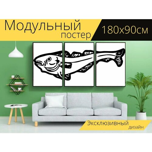 Модульный постер "Рыбы, ловит рыбу, треска" 180 x 90 см. для интерьера