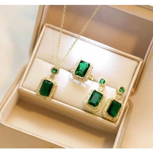 Комплект бижутерии Комплект ( серьги+кольцо+подвеска), кристалл, зеленый, золотой