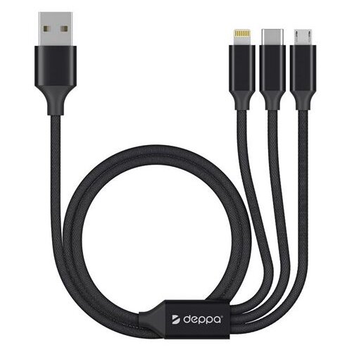 Кабель 3 в 1: micro-USB, Type-C, Ligthning, алюминий, 1.2 м, черный, Deppa